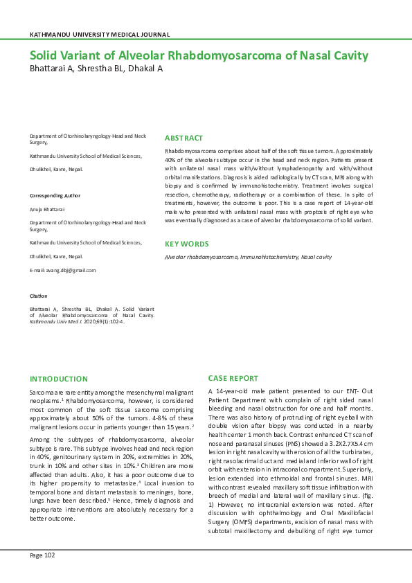 (PDF) Solid Variant of Alveolar Rhabdomyosarcoma of Nasal Cavity