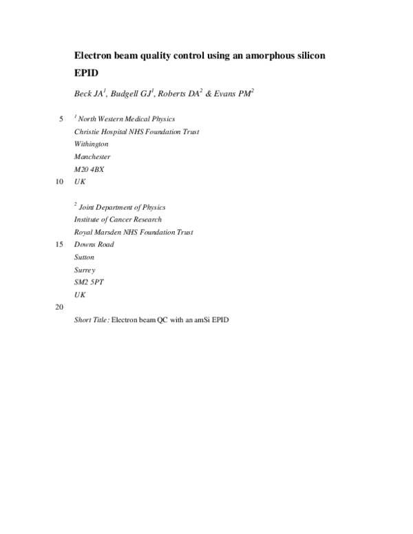 (PDF) Electron beam quality control using an amorphous silicon EPID