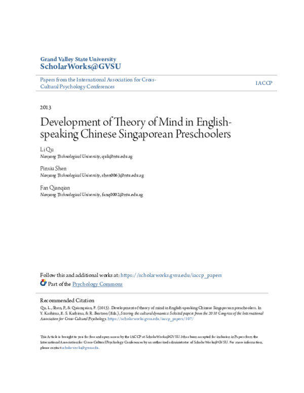 (PDF) Development of Theory of Mind in English-speaking Chinese ...
