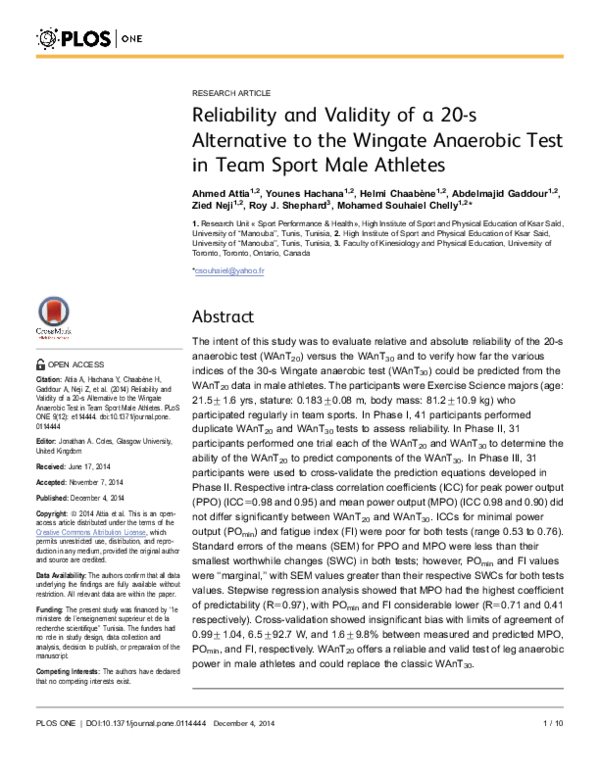 (PDF) Reliability and Validity of a 20-s Alternative to the Wingate ...