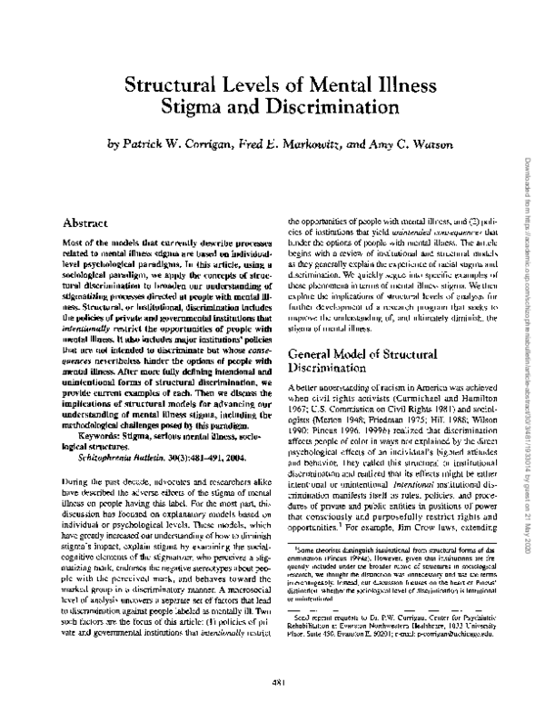 (PDF) Structural Levels of Mental Illness Stigma and Discrimination