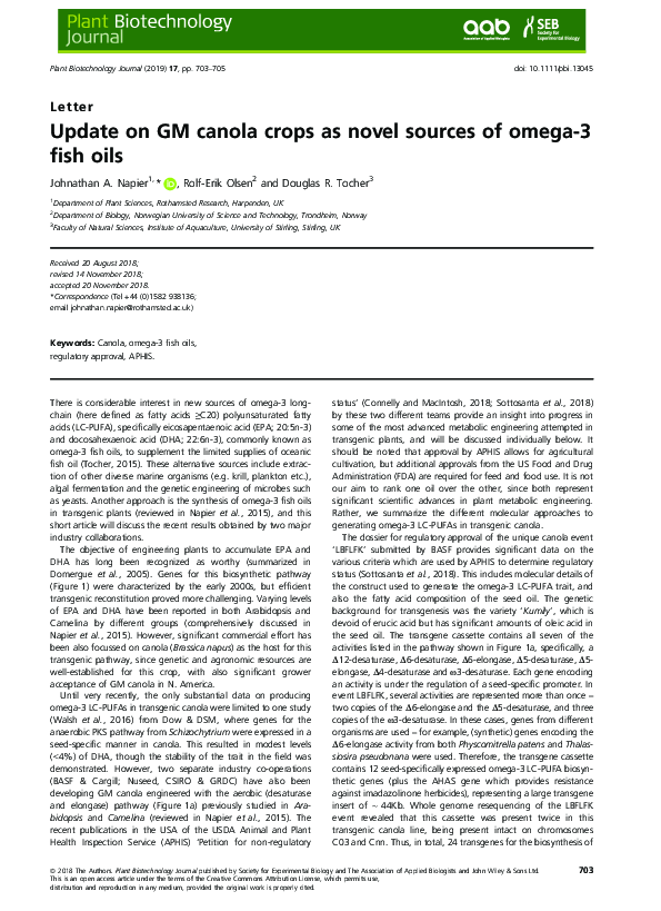 (PDF) Update on GM canola crops as novel sources of omega‐3 fish oils