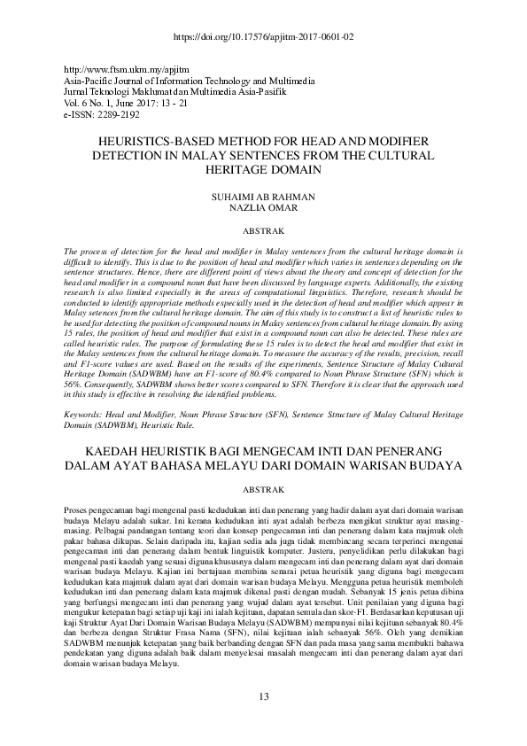 (PDF) Heuristics-Based Method For Head And Modifier Detection In Malay ...