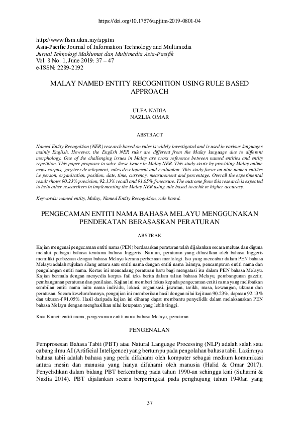 (PDF) Malay Named Entity Recognition Using Rule Based Approach