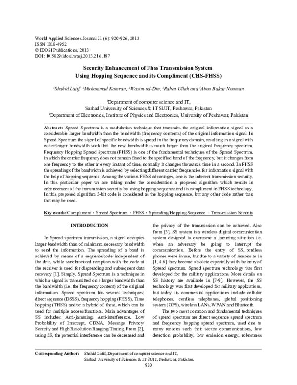 (PDF) Security Improvement by using Dual Coded FHSS (DC-FHSS)
