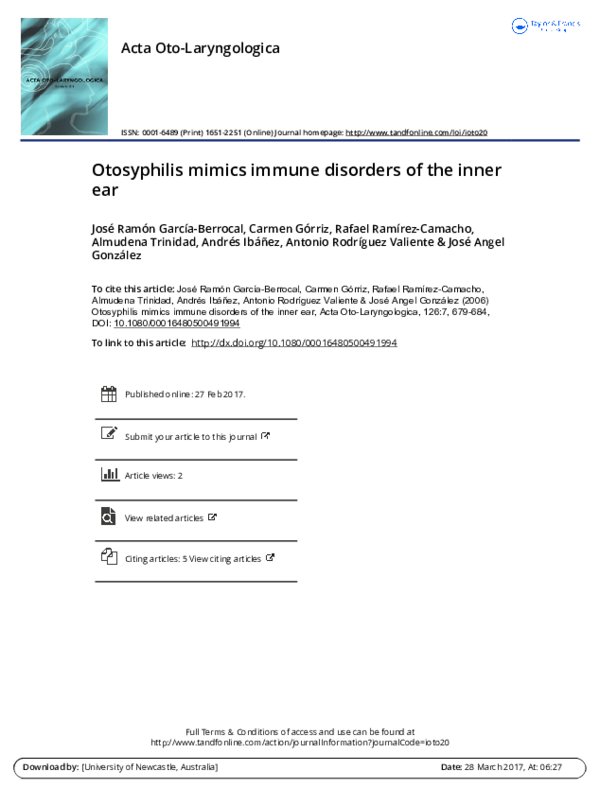(PDF) Otosyphilis mimics immune disorders of the inner ear