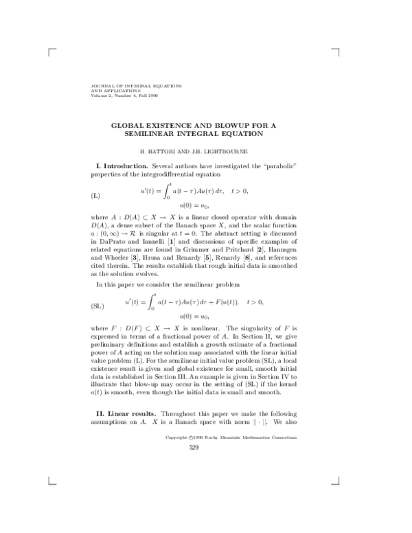 Pdf Global Existence And Blowup For A Semilinear Integral Equation