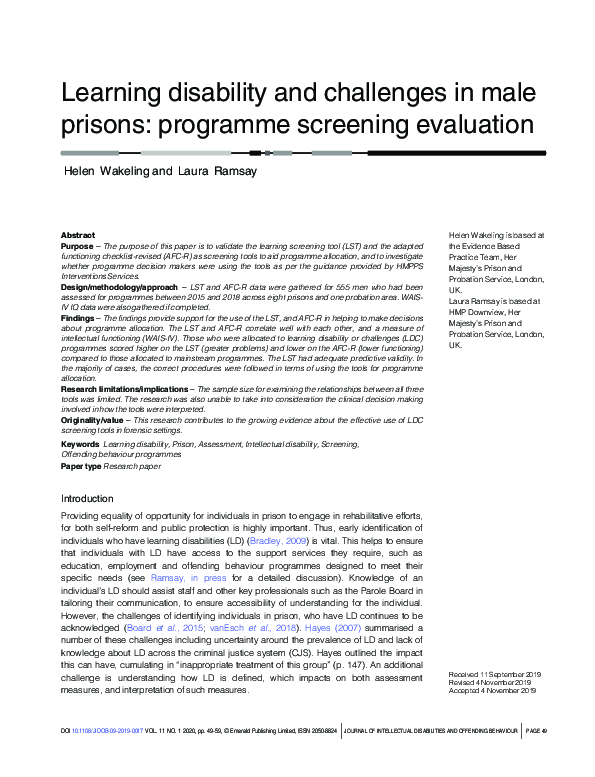 (PDF) Learning disability and challenges in male prisons: programme ...