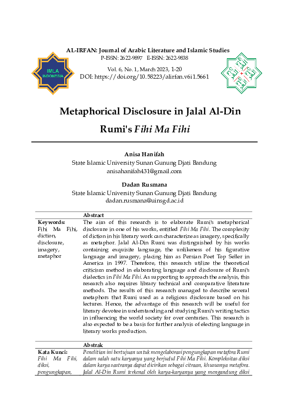 (PDF) Metaphorical Disclosure in Jalal Al-Din Rumi's Fihi Ma Fihi ...