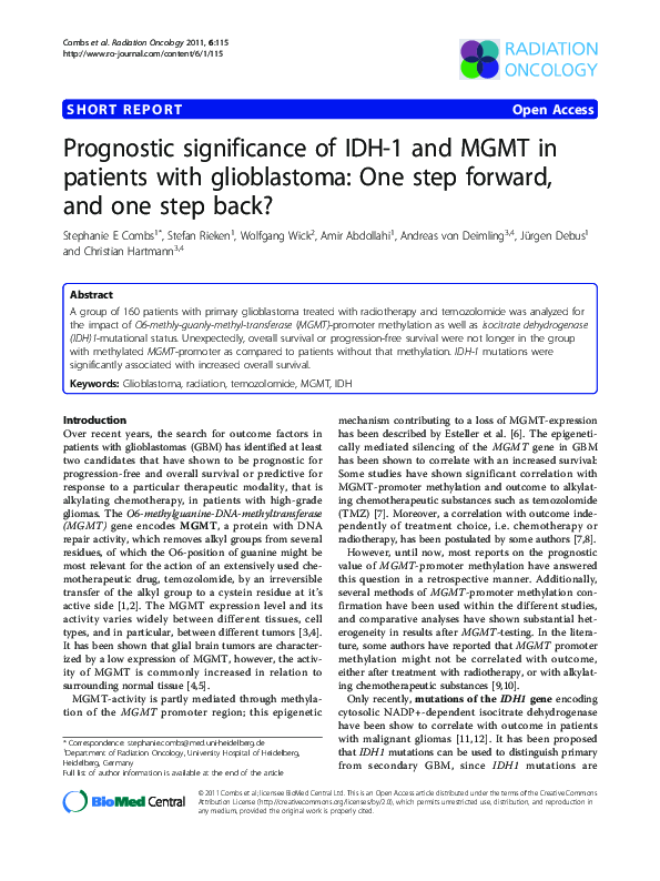 (PDF) Prognostic significance of IDH-1 and MGMT in patients with glioblastoma: One step forward ...