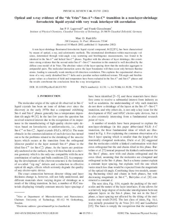 (PDF) Optical and x-ray evidence of the "de Vries" Sm-A*-Sm-C ...