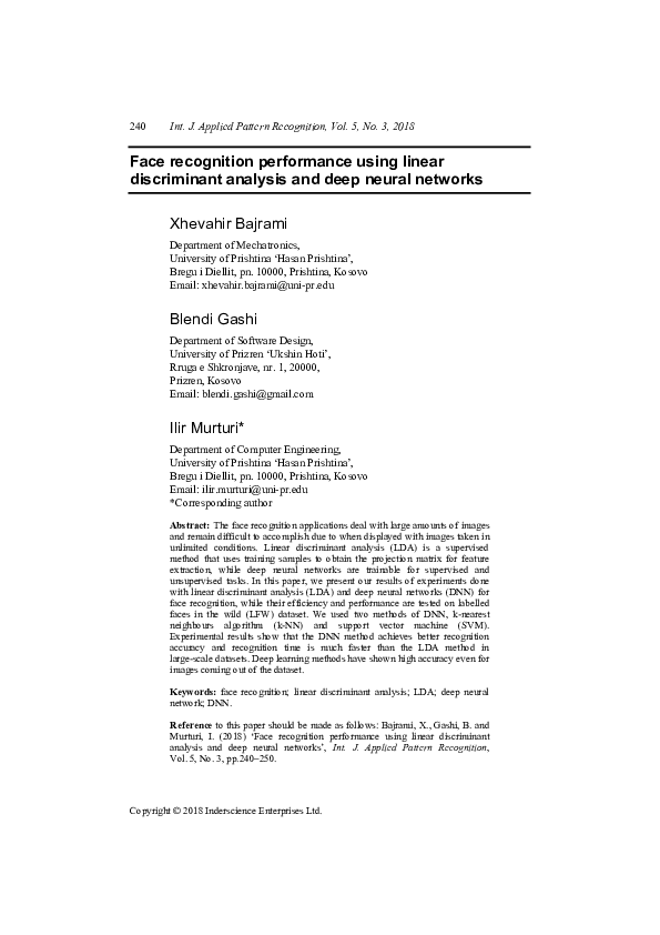 Pdf Face Recognition Performance Using Linear Discriminant Analysis And Deep Neural Networks