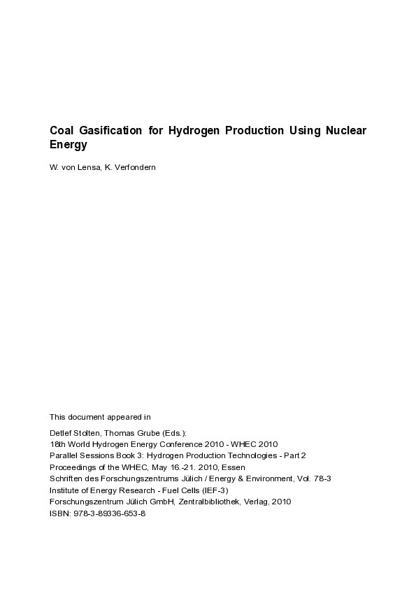 (PDF) Coal Gasification for Hydrogen Production Using Nuclear Energy