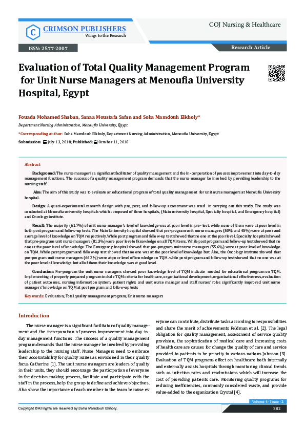 (PDF) Evaluation of Total Quality Management Program for Unit Nurse ...