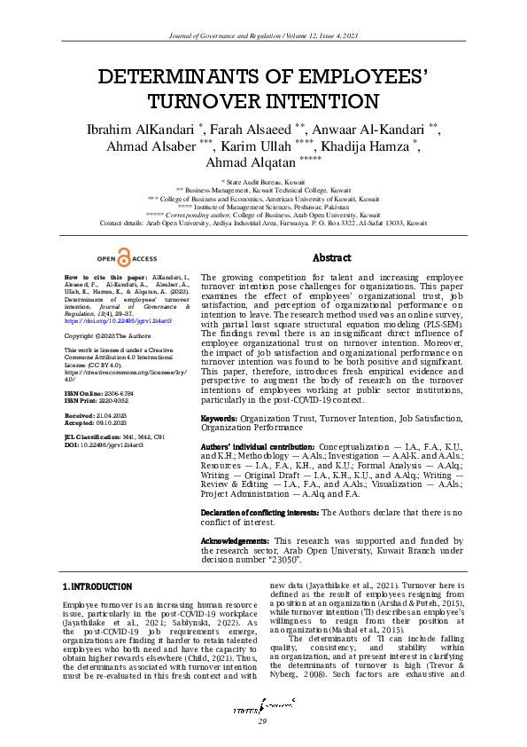(PDF) DETERMINANTS OF EMPLOYEES' TURNOVER INTENTION