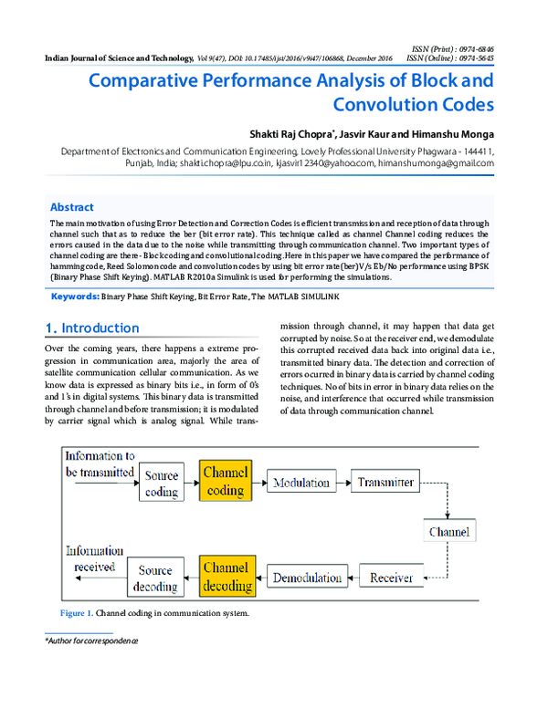 (PDF) Comparative Performance Analysis of Block and Convolution Codes | Himanshu Monga ...