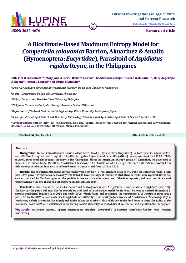 (PDF) MaxEnt Model for Parasitoid C. calauanica in Philippines