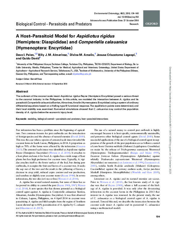 (PDF) A Host–Parasitoid Model for Aspidiotus rigidus (Hemiptera ...