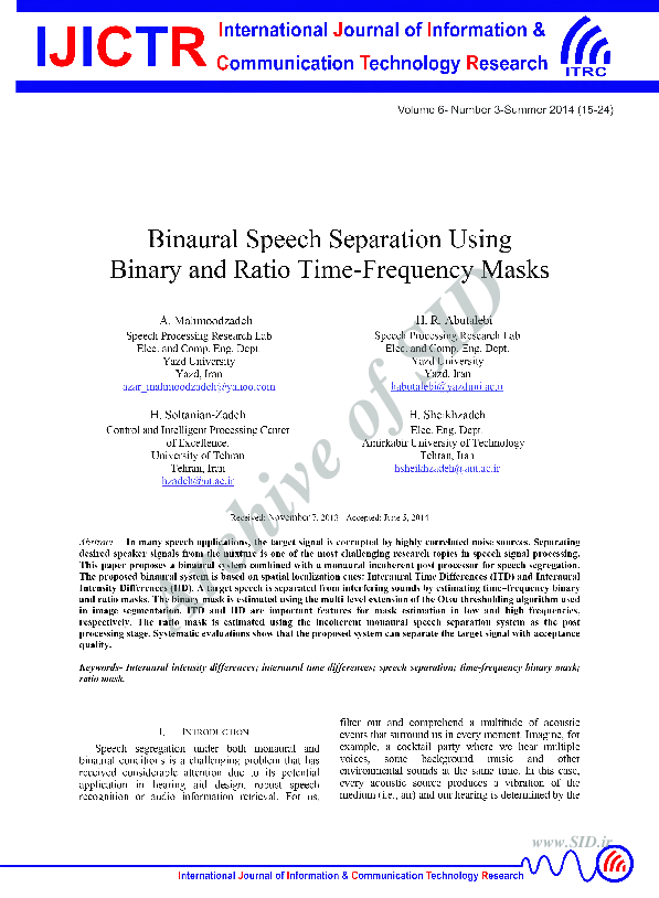 (PDF) Binaural Speech Separation Using Binary and Ratio Time-Frequency Masks