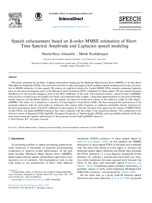 Pdf Speech Enhancement Based On β Order Mmse Estimation Of Short Time Spectral Amplitude And