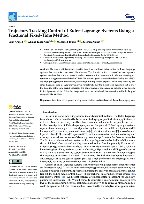 Pdf Trajectory Tracking Control Of Euler Lagrange Systems Using A Fractional Fixed Time Method