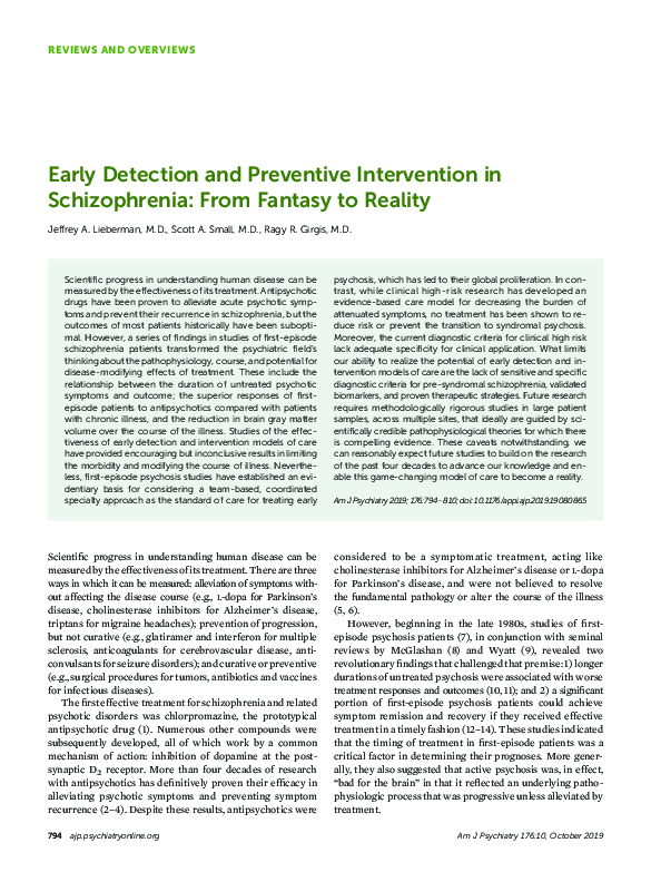 (PDF) Early Detection and Preventive Intervention in Schizophrenia ...