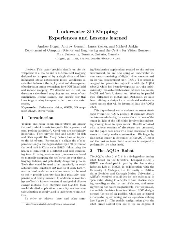 (PDF) Underwater 3D Mapping: Experiences and Lessons learned