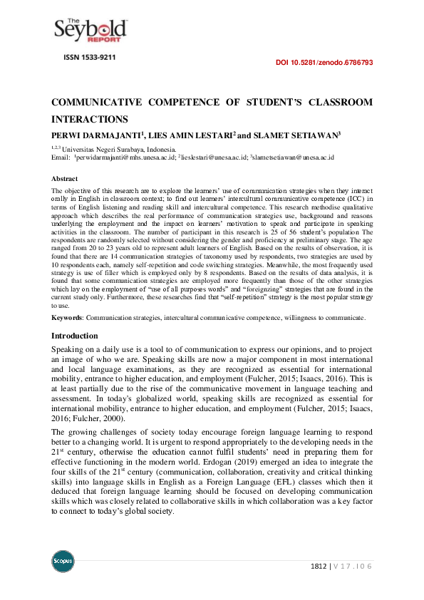 (PDF) Communicative Competence of Student's Classroom Interactions