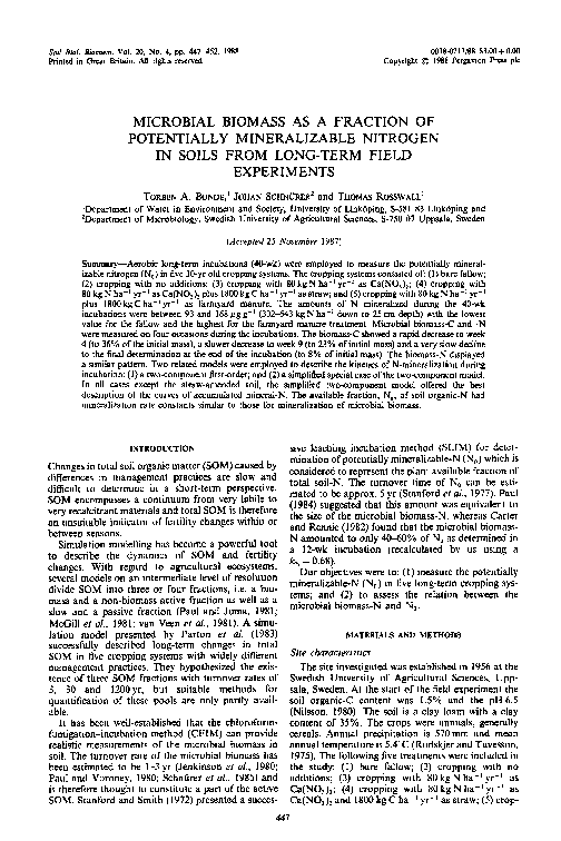 (PDF) Microbial biomass as a fraction of potentially mineralizable nitrogen in soils from long ...