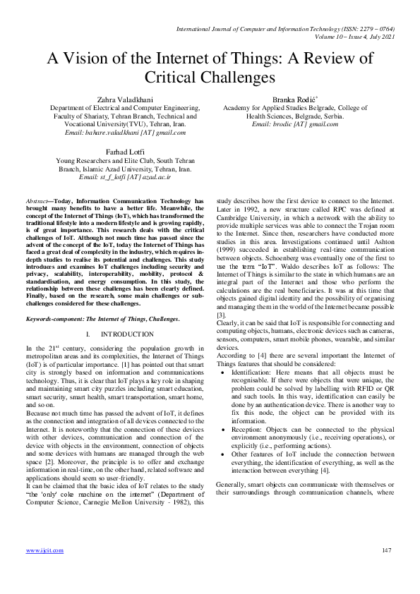 (PDF) A Vision of the Internet of Things: A Review of Critical Challenges