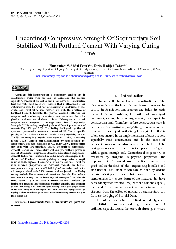 (PDF) Unconfined Compressive Strength Of Sedimentary Soil Stabilized ...