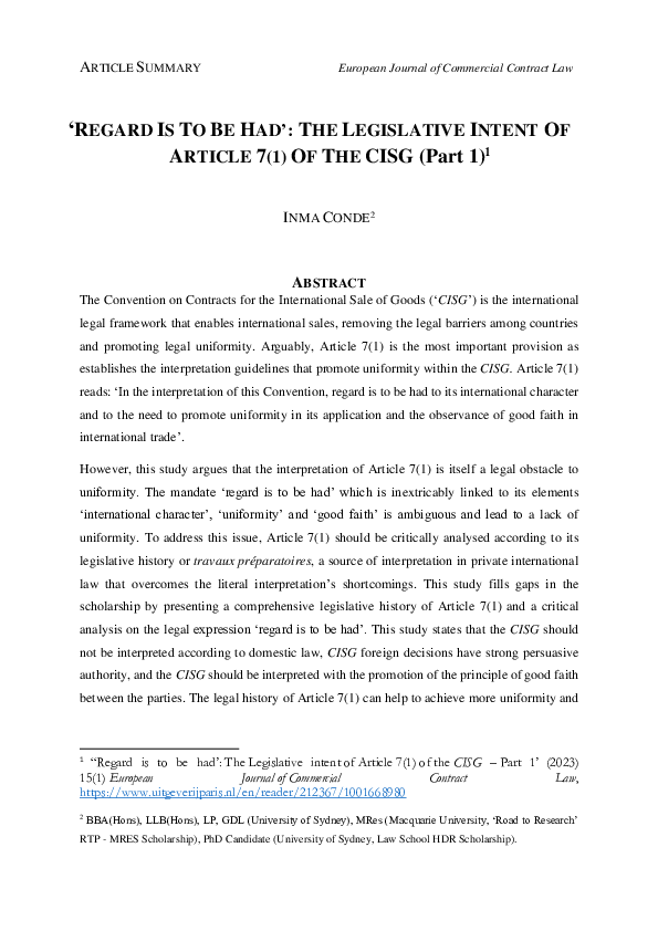 (PDF) 'Regard is to be had': The Legislative Intent of Article 7 (1) of the CISG (part 1)