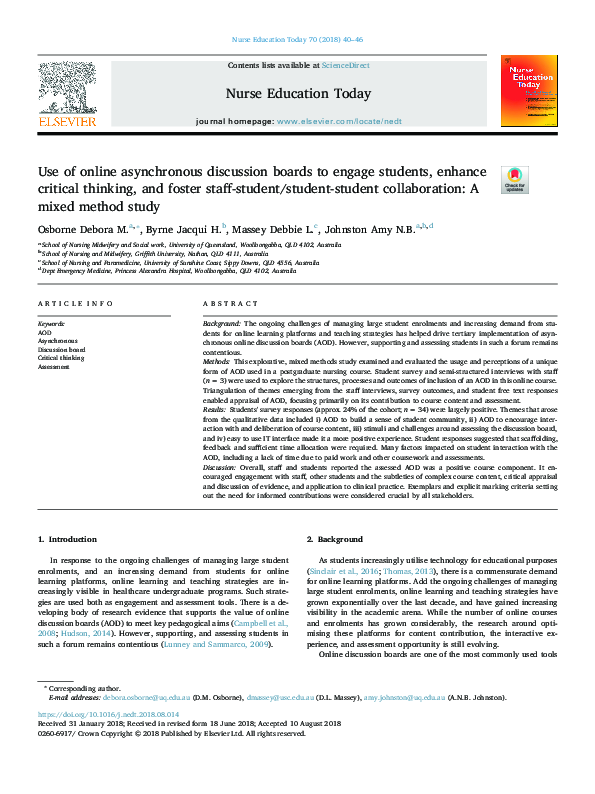 (PDF) Use of online asynchronous discussion boards to engage students, enhance critical thinking ...