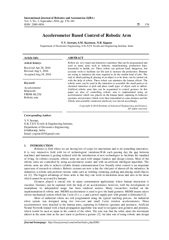 (PDF) Accelerometer Based Control of Robotic Arm | Yogita Sawant - Academia.edu