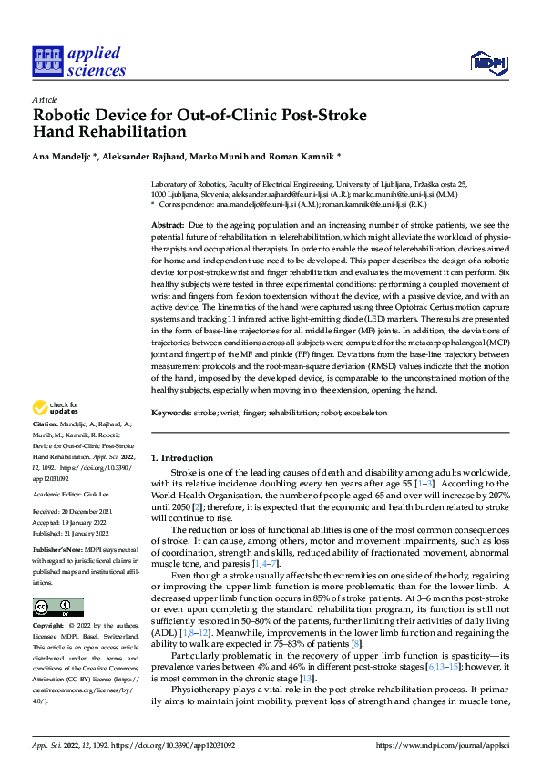 (PDF) Robotic Device for Out-of-Clinic Post-Stroke Hand Rehabilitation