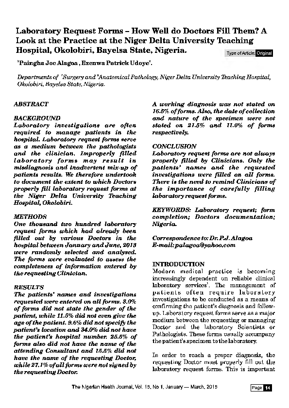 (PDF) Laboratory request forms - How well do Doctors fill them? A look at the practice at the ...