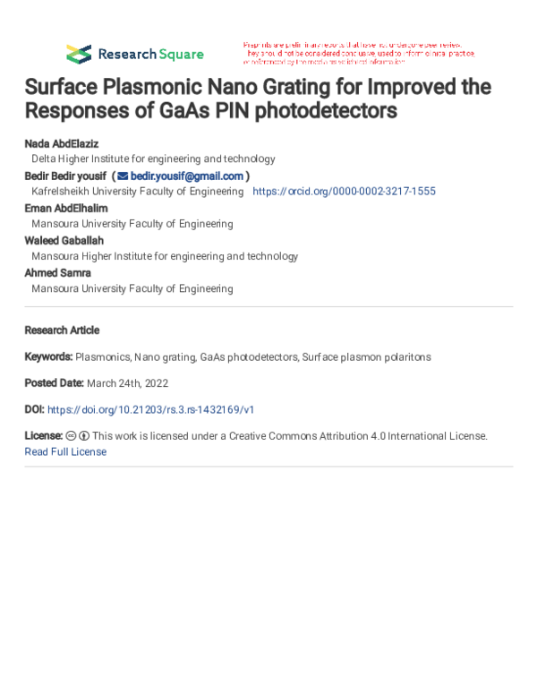 (PDF) Surface Plasmonic Nano Grating for Improved the Responses of GaAs ...