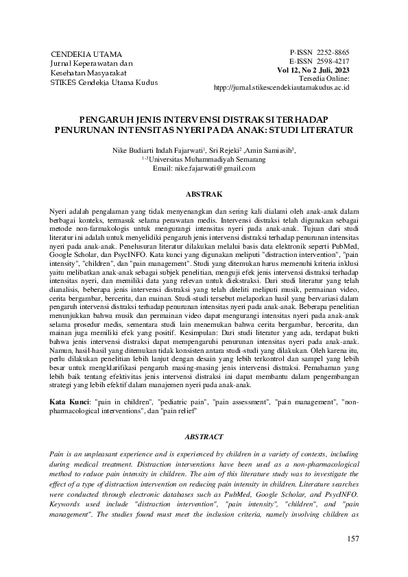 (PDF) Pengaruh Jenis Intervensi Distraksi Terhadap Penurunan Intensitas ...