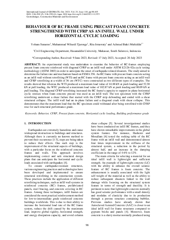 (PDF) BEHAVIOUR OF RC FRAME USING PRECAST FOAM CONCRETE STRENGTHENED WITH CFRP AS AN INFILL WALL ...