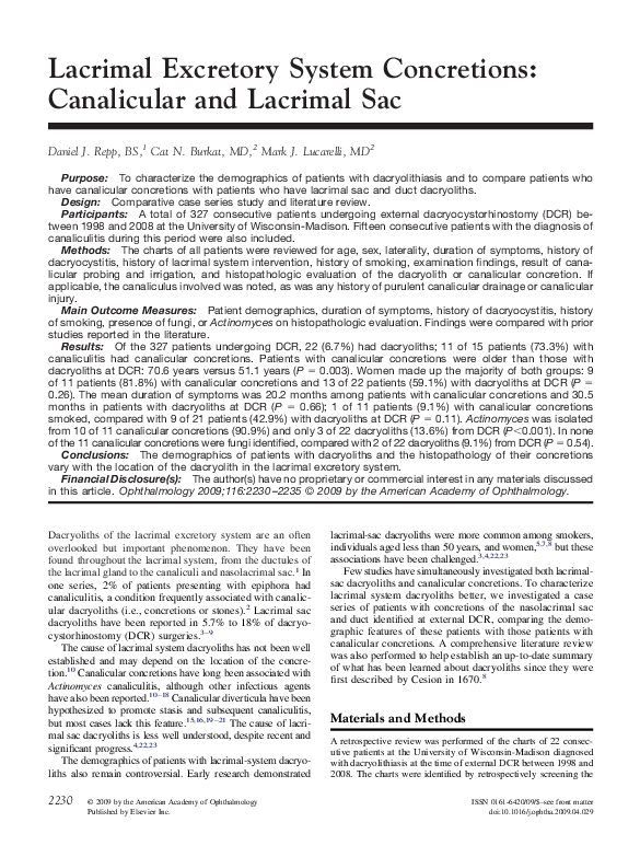 (PDF) Lacrimal Excretory System Concretions: Canalicular and Lacrimal ...