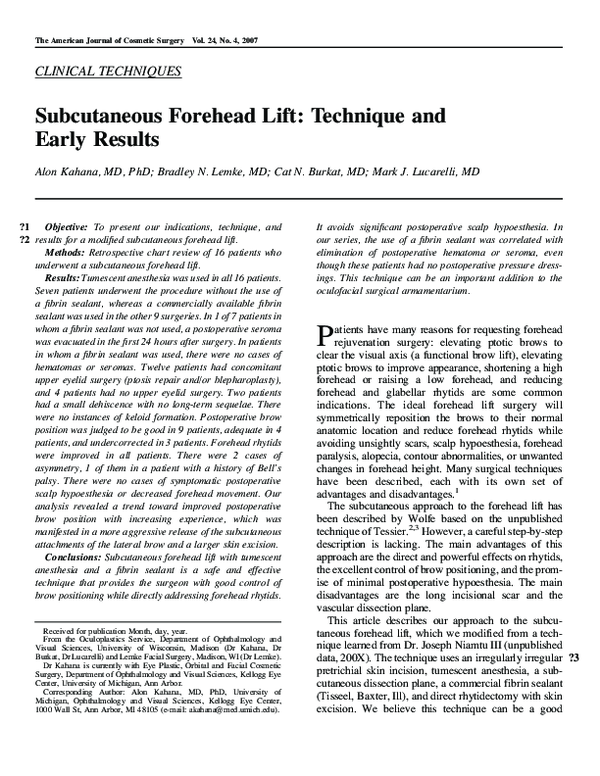 (PDF) Subcutaneous Forehead Lift: Technique and Early Results