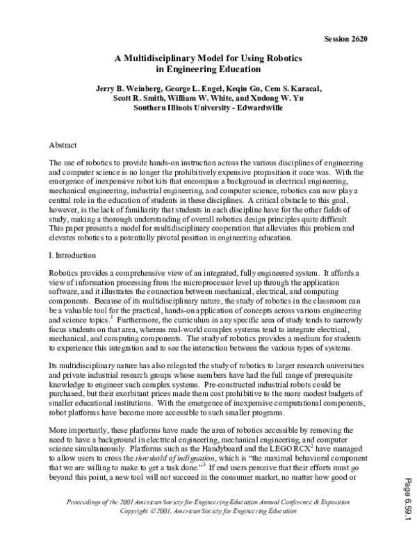 (PDF) A Multidisciplinary Model For Using Robotics In Engineering Education