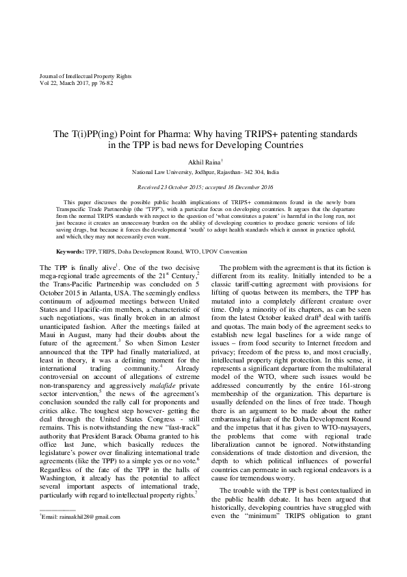 (PDF) The T(i)PP(ing) Point for Pharma: Why having TRIPS+ patenting ...