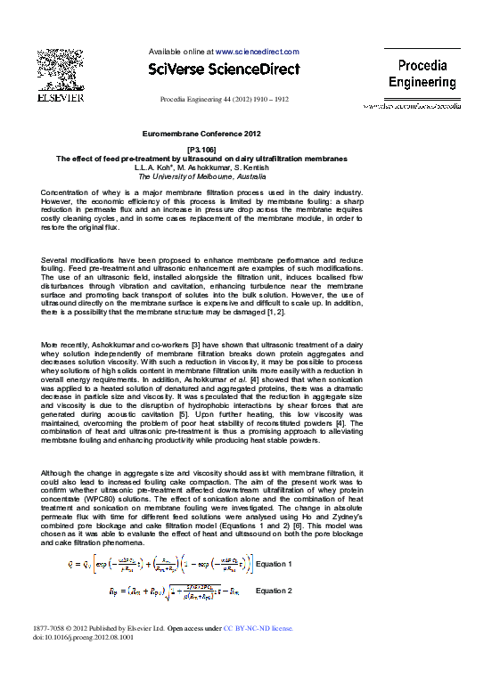 (PDF) The Effect of Feed Pre–treatment by Ultrasound on Dairy Ultrafiltration Membranes