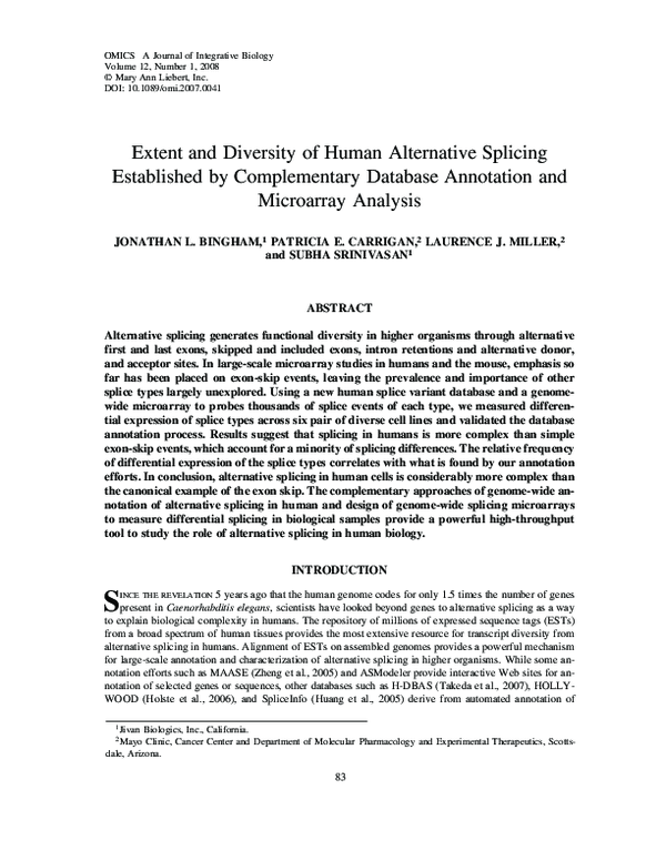 (PDF) Extent and Diversity of Human Alternative Splicing Established by Complementary Database ...