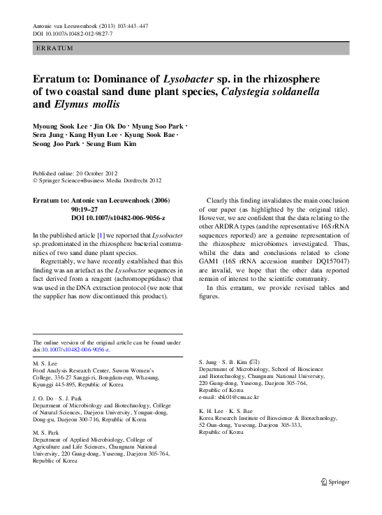(PDF) Dominance of Lysobacter sp. in the rhizosphere of two coastal ...