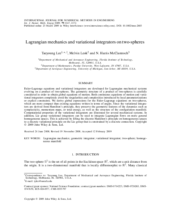 (PDF) Lagrangian mechanics and variational integrators on two-spheres