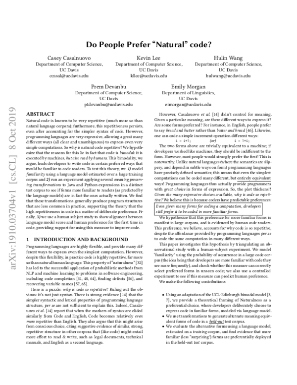 (PDF) Do People Prefer "Natural" code?