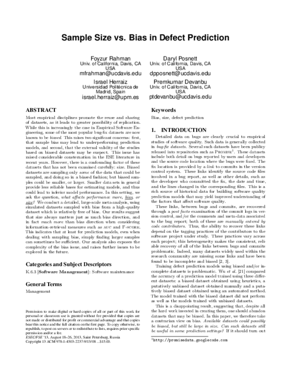 (PDF) Sample size vs. bias in defect prediction