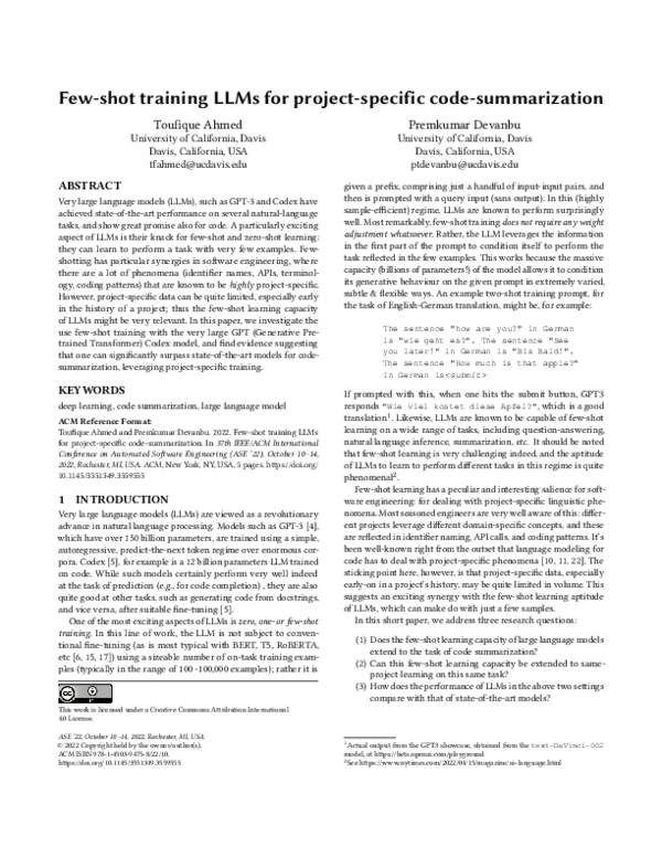 (PDF) Few-shot training LLMs for project-specific code-summarization